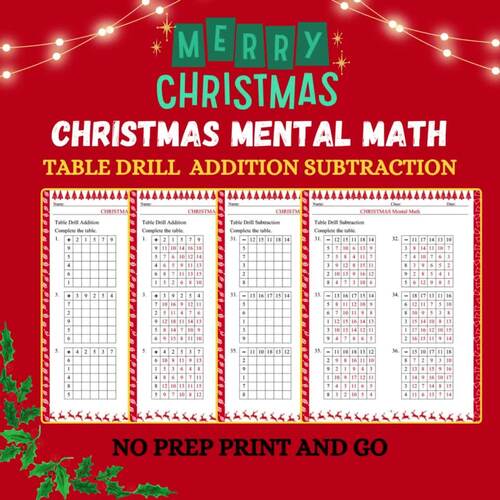 Christmas Mental Math Master Table Drill Addition And Subtraction ...