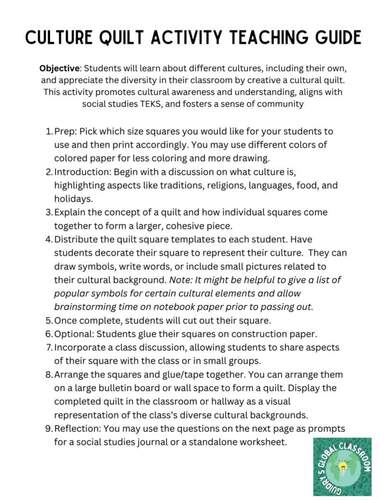 Back to School Social Studies Culture Quilt Activity | TPT