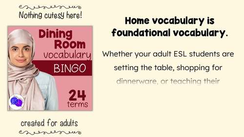 Adult ESL Dining Room Vocabulary Bingo Game | Home Words with Photos