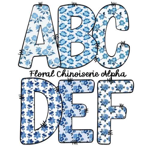 Blue Flower Chinoiserie Alphabet letter, number, bulletin board font Bundle