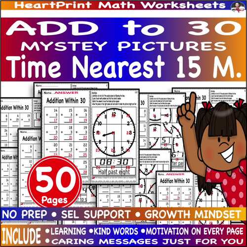 Addition within 30,Telling time nearest 15 minutes mystery pictures ...