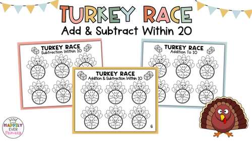 Thanksgiving Math Games - Roll and Race Addition and Subtraction Within 20