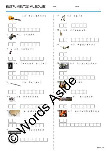 Spanish Vocabulary Writing Spelling Worksheets Crossword Anagram MUSIC