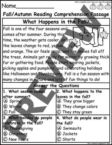 10 Fall / Autumn Reading Comprehension Passages 1st Grade, 2nd Grade ...