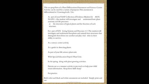 Parts of a Plant Assessment and Science Center VAAP ASOL 5S-LPS 1a