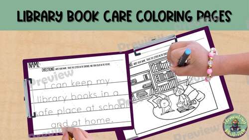 Elementary Library Book Care Coloring Pages with 'I Can' Writing