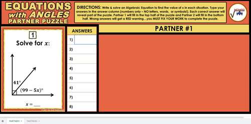 Complementary, Supplementary, & Vertical Angles DIGITAL PARTNER PUZZLE