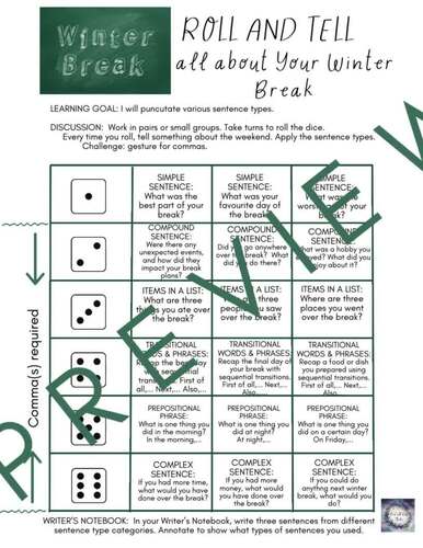 Roll and Tell About Your Winter Break: Sentence Types & Punctuation in ...