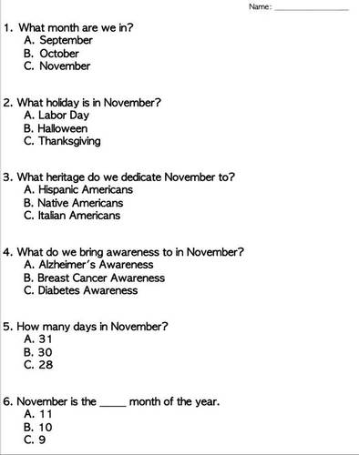 November Reading Comprehension, Special Education | TPT