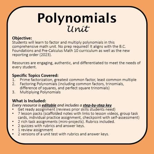 Polynomials Entire Unit | Differentiated, Engaging, Hands-On, Math 10 ...