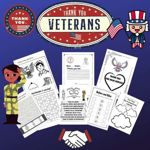 Veterans day math and literacy activities, veteran's day craft and writing