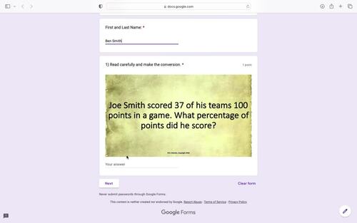 Fraction, Decimal, Percent Word Problems Google Forms (Self-Grading)