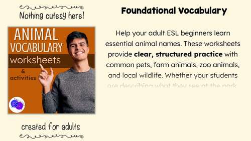 Comprehensive Animal Vocabulary Worksheets for Adult ESL | Beginner & Up