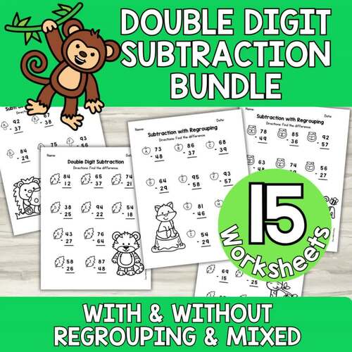 Double Digit Subtraction Worksheet Bundle With & Without Regrouping & Mixed