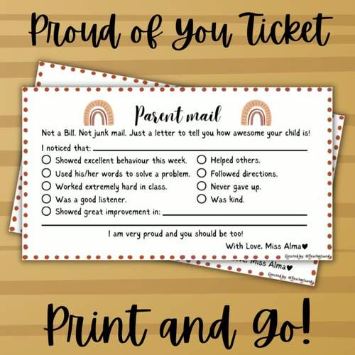 Proud of You Ticket Parent Mail Letter Boho Rainbow Theme EDITABLE