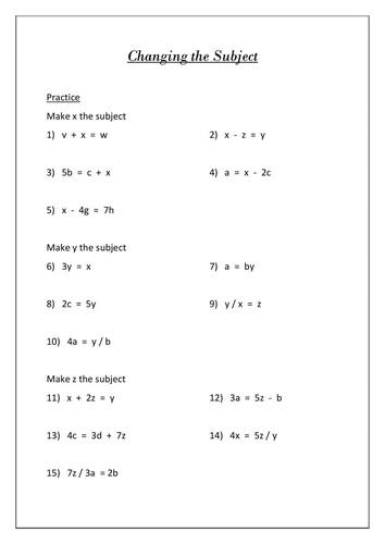 Maths Changing the Subject, Substitution and Simultaneous Equations ...