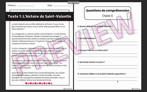 French Reading Comprehension / Valentine’s Day / NO PREP / Printable ...
