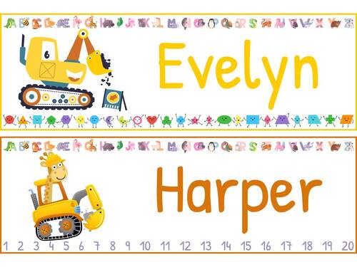 Student Desk Plates 30 Printable/Editable Construction Vehicles Name Plates