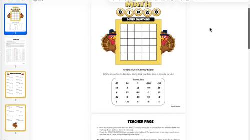 One Step Equations Worksheets Activities Games Thanksgiving Math Review