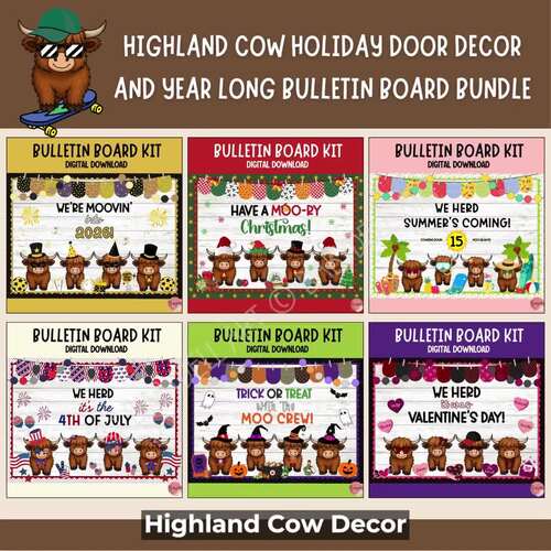 Holiday Door Decor & Bulletin Board Bundle | Year Long Highland Cow ...