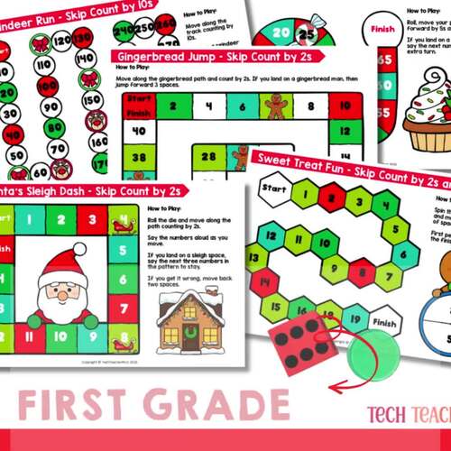 Christmas Skip Counting Board Games | Math Centers First Grade | 2s 5s 10s