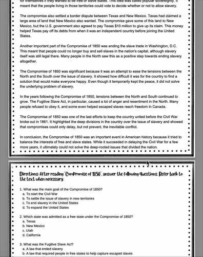 Compromise of 1850 Reading Passage | Civil War Worksheet & Writing Task