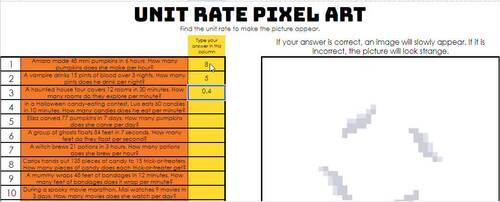 Unit Rate Word Problems Halloween Pixel Art- Digital Self-Checking Activity