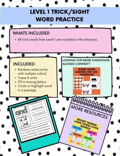 **BUNDLE** First Grade Trick Words Sight Words Resources Level 1