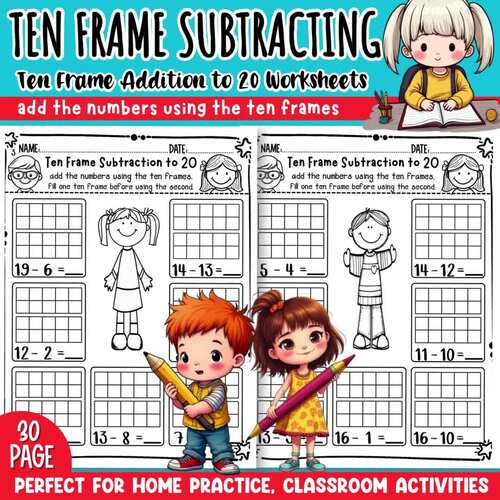 Ten Frame Subtraction within 20 Worksheets, Fun Math Activities for Kids