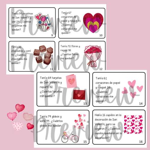 Problemas de cuento resta de Día de San Valentín Subtraction Problems ...