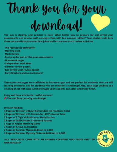 30+PGS OF END OF THE YEAR/SUMMER MATH REVIEW-Prevent the summer slide!