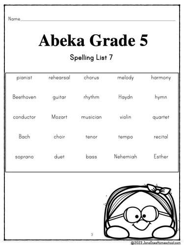 Abeka Spelling, Vocabulary & Poetry 5 - 5th Ed - List 7 - Musical Words