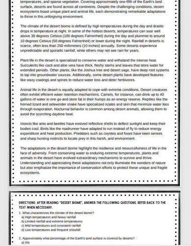 Desert Biome Reading Passage Worksheet | Comprehension & Writing Printable