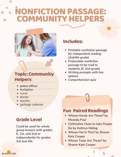 Community Helpers (Nonfiction Passage, Writing Prompts, & Comprehension ...