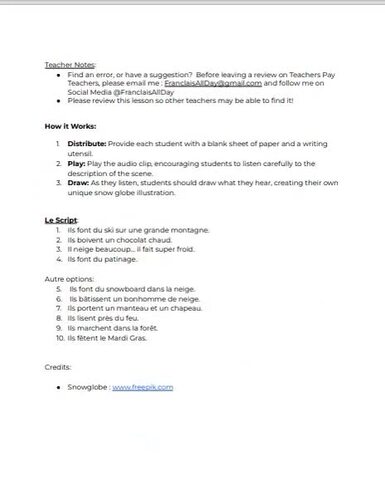 L'Hiver: French Winter Activity Listening Snow Globe Activity-Printable ...