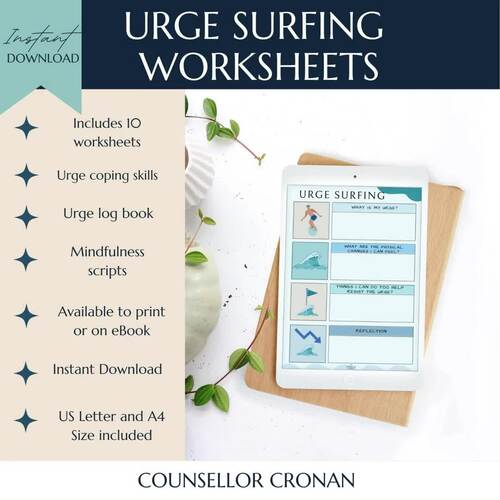 Urge surfing self harm worksheets, substance and addiction, therapy games