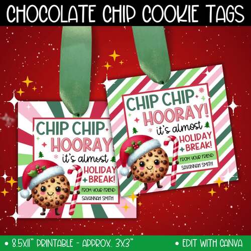 Holiday Christmas Non Candy Chocolate Chip Cookie Treat Gift Tag Class ...
