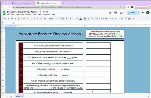 Congress Legislative Branch Interactive Google Sheets Digital Game Activity