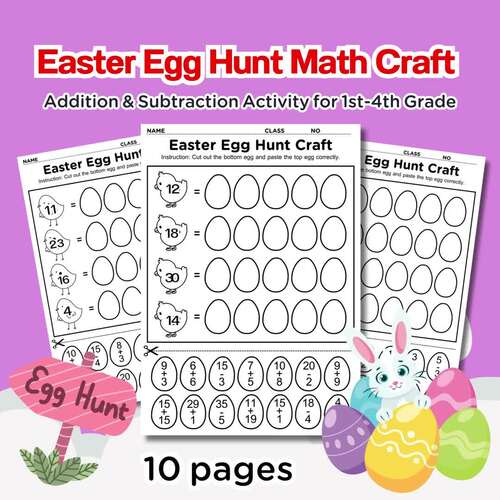 Easter Egg Hunt Math Craft, Addition & Subtraction Worksheets for k-K ...