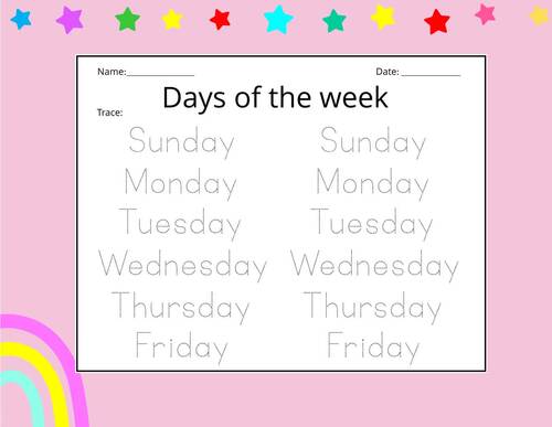 Printable Days of the Week Worksheets, Weekdays Tracing Activity ...