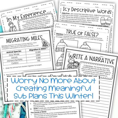 Emergency Sub Plans Winter | 3rd Grade Substitute Lessons by Think Grow ...