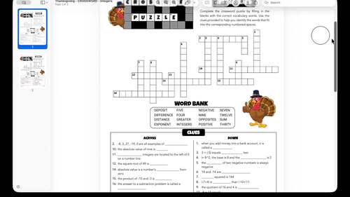 6th Grade Thanksgiving Math Fun Worksheet: Crossword Puzzle (Integers)