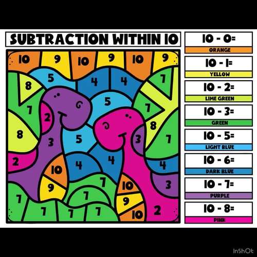 Subtraction Facts within 10 | Dinosaur Theme Color-by-Code Worksheets
