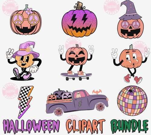 Retro Halloween Clipart Bundle, Halloween Digital Resources, Pumpkins ...