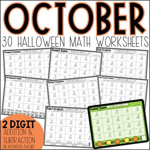 Halloween 2 Digit Addition and Subtraction | October Math Facts to 100