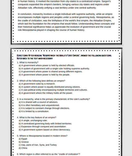 Mesopotamia: Monarchy Vs. Empire Reading Comprehension Worksheet With ...