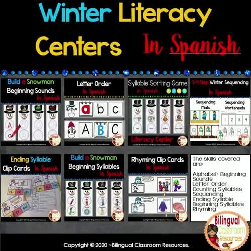 Winter Literacy Centers in Spanish- Centros de lectura (invierno)