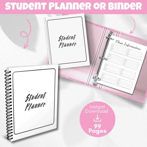 Student Planner Printable, Student Notebook Binder, Daily Study Planner