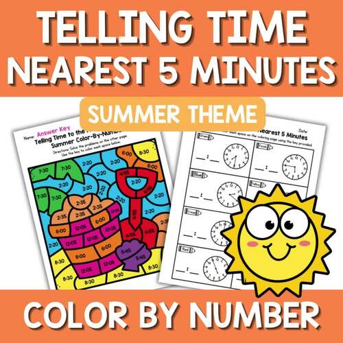 Summer Telling Time to the Nearest 5 Minutes | Analog Clock Color by Number