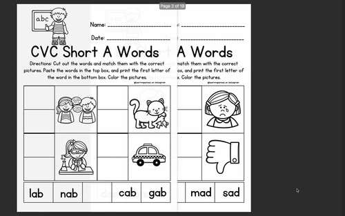 CVC Worksheets Short A PreK, TK, UTK, Kindergarten, First by Learning Core